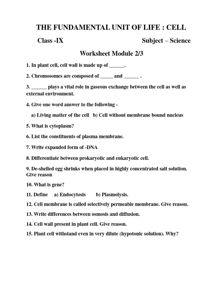 Class IX Science Fundamental Unit of Life - Cell Worksheet 2 - 3 | PDF