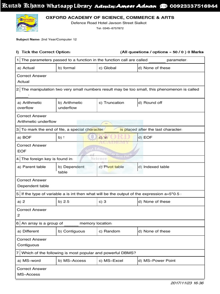 Computer 12th Mcqs 001 Pdf Databases Parameter Computer Programming 