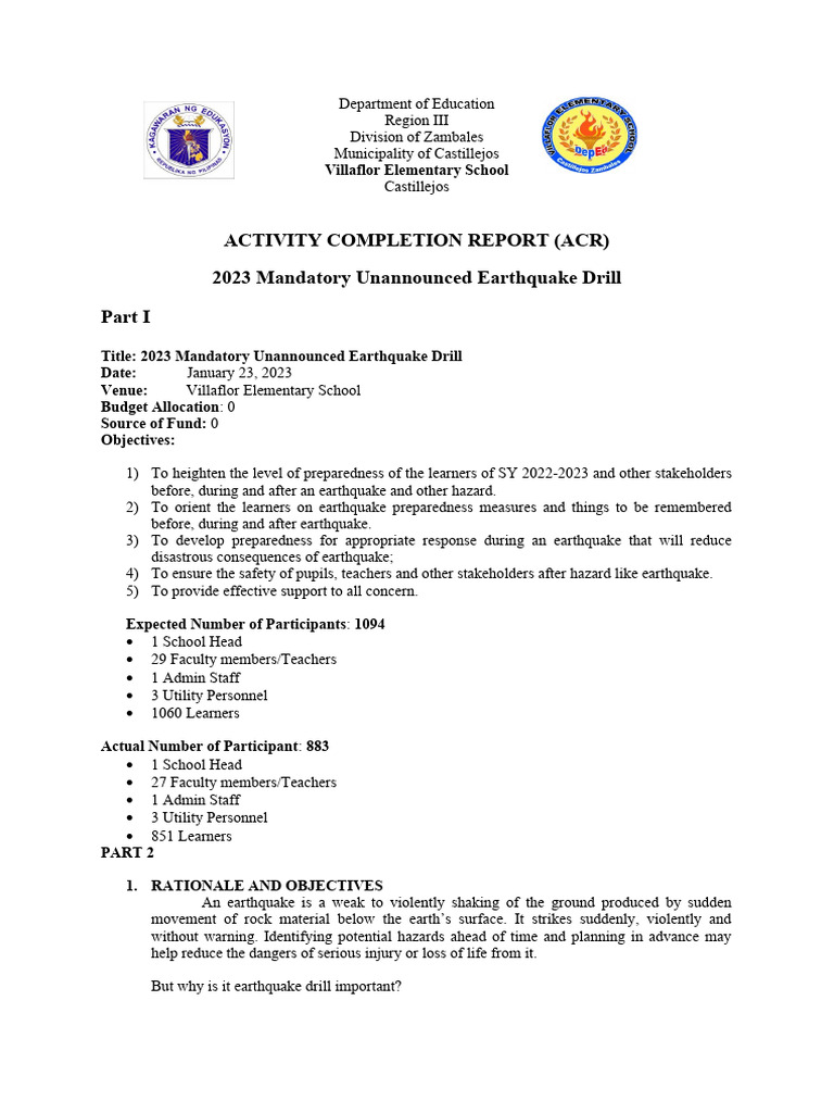 2023 Unannounced Earthquake Drill Report | PDF | Emergency Management ...