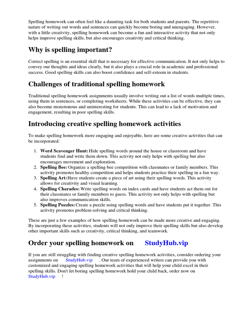 Creative Spelling Homework Activities | PDF | Homework | Creativity