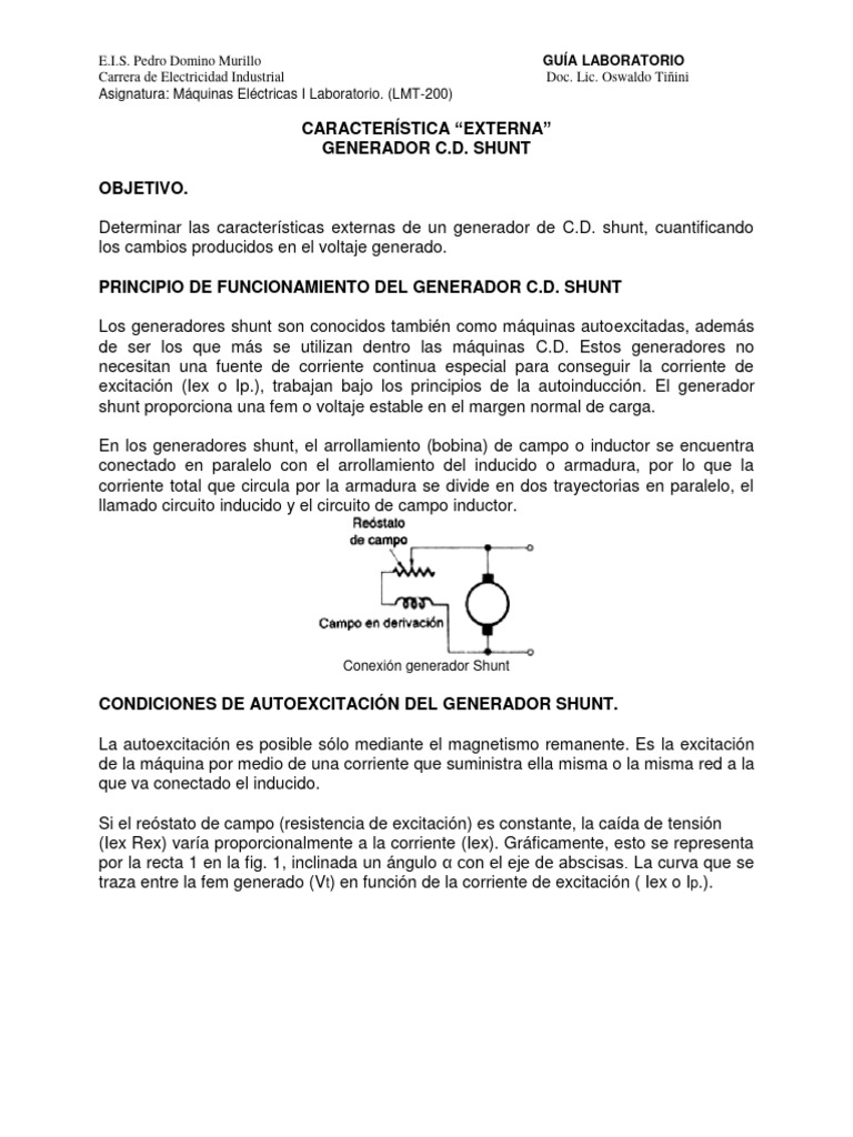 Lab. 2 Característica Externa Gen. Shunt | PDF | Generador eléctrico ...