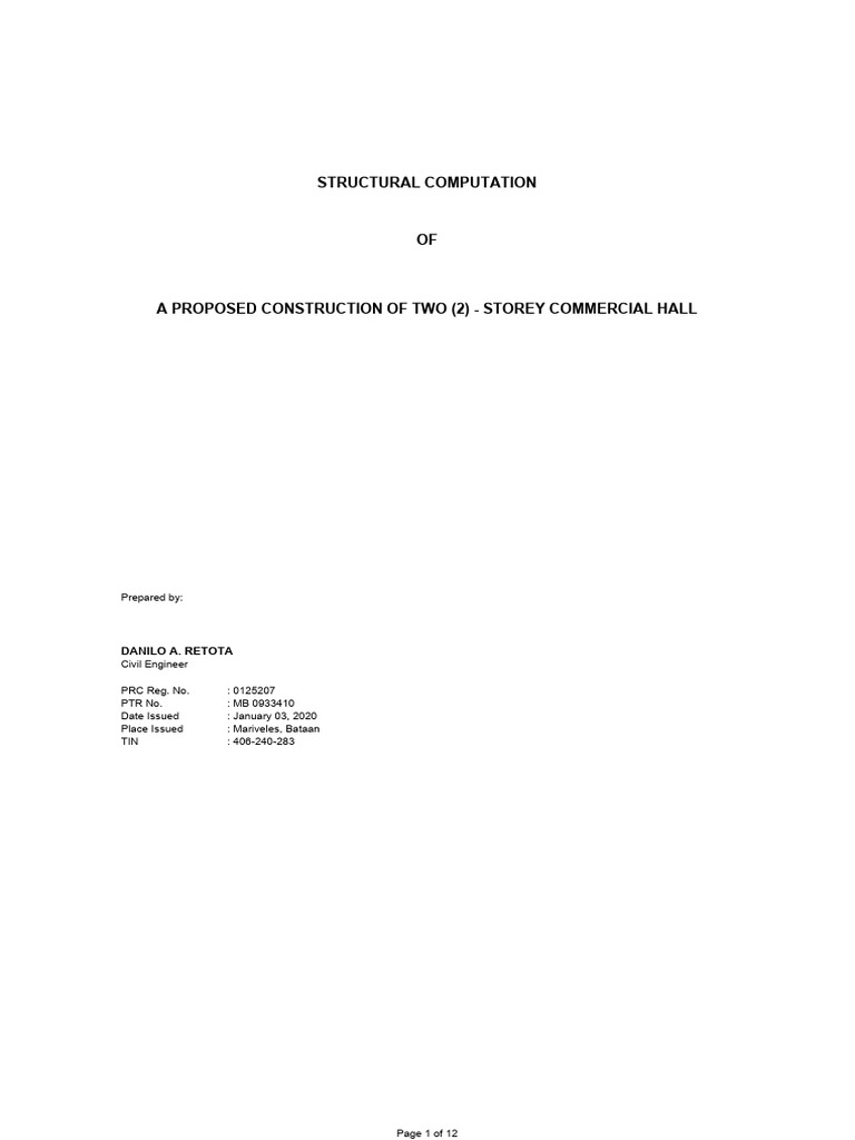 Structural Computation Analysis TWO 2 STOREY COMMERCIAL HALL | PDF ...