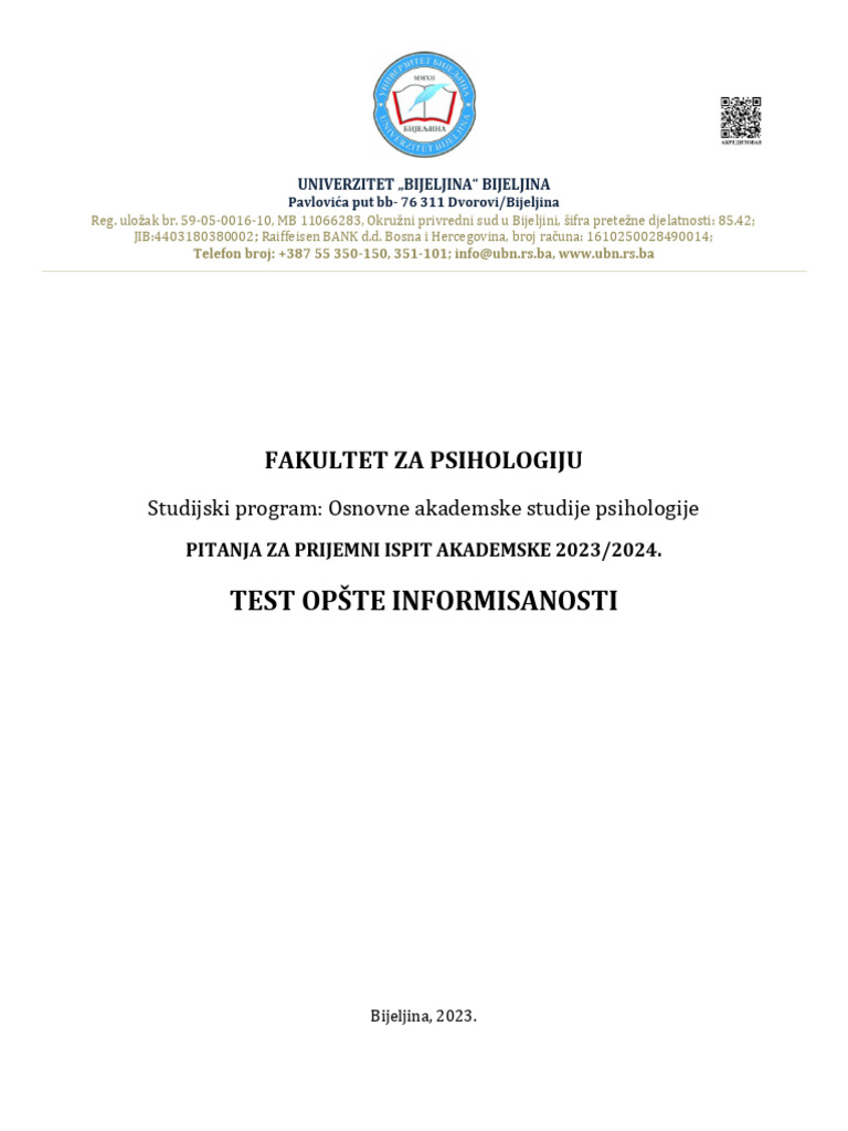 Baza Pitanja Za Prijemni Ispit Psihologija | PDF