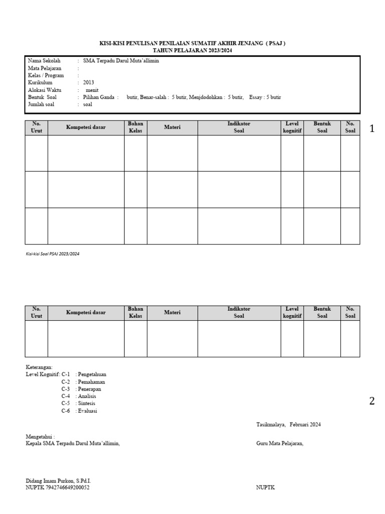 Kisi-Kisi PSAJ 2023/2024 SMA Darul Muta’allimin | PDF