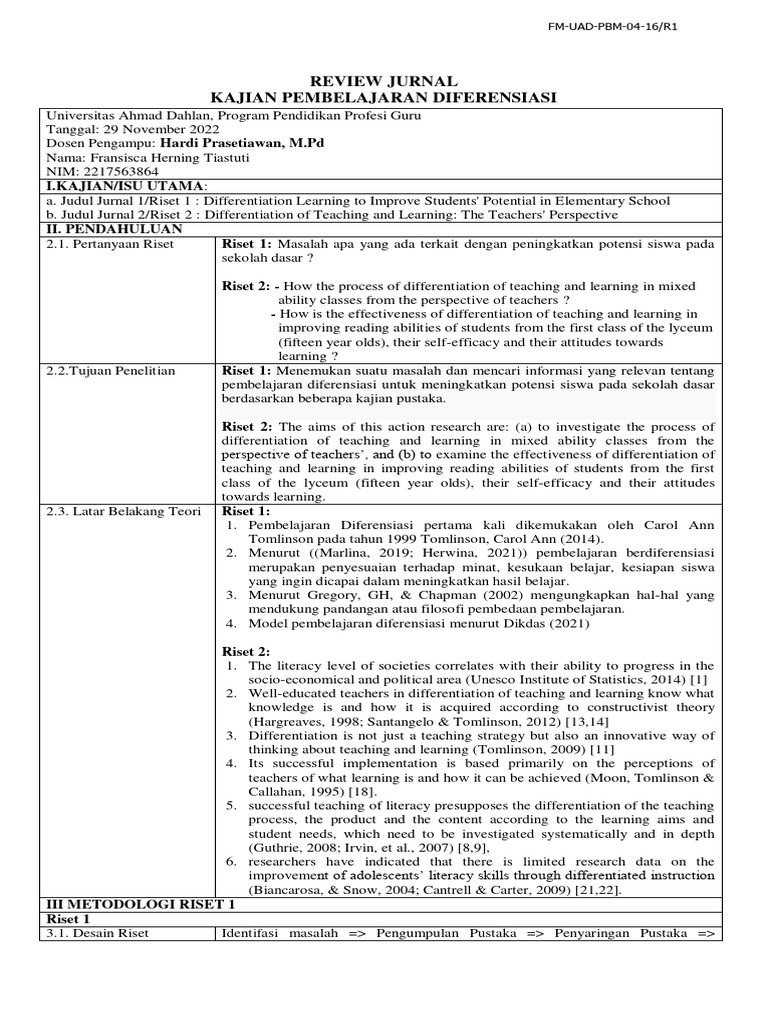 UTS DIFERENSIASI REVIEW JURNAL | PDF | Behavior Modification | Change
