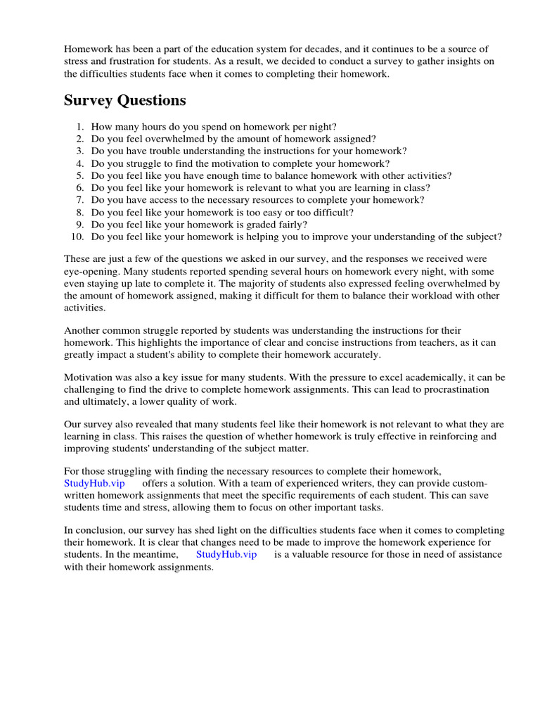 Homework Survey Questions | PDF | Cost Of Living | Homework