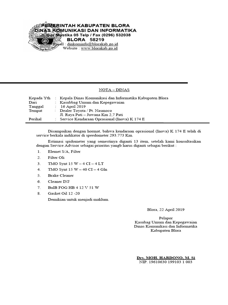 Nota Dinas Service Kendaraan | PDF