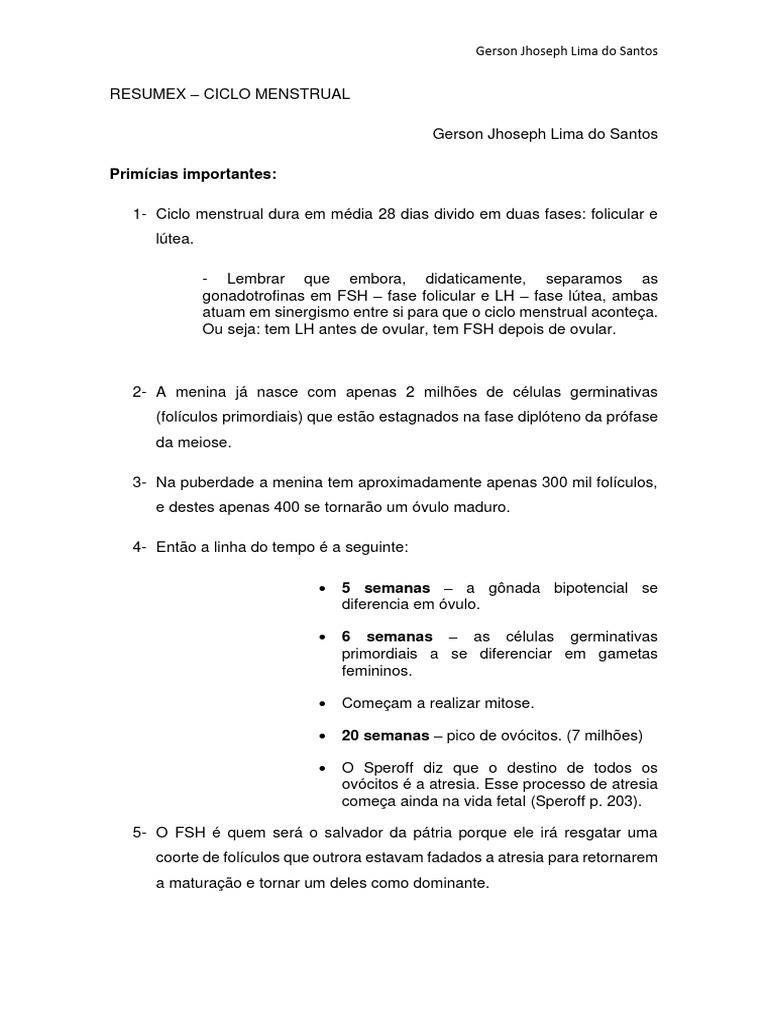 Resumex - Ciclo Menstrual Gerson | PDF | Hormônio luteinizante | Estrogênio