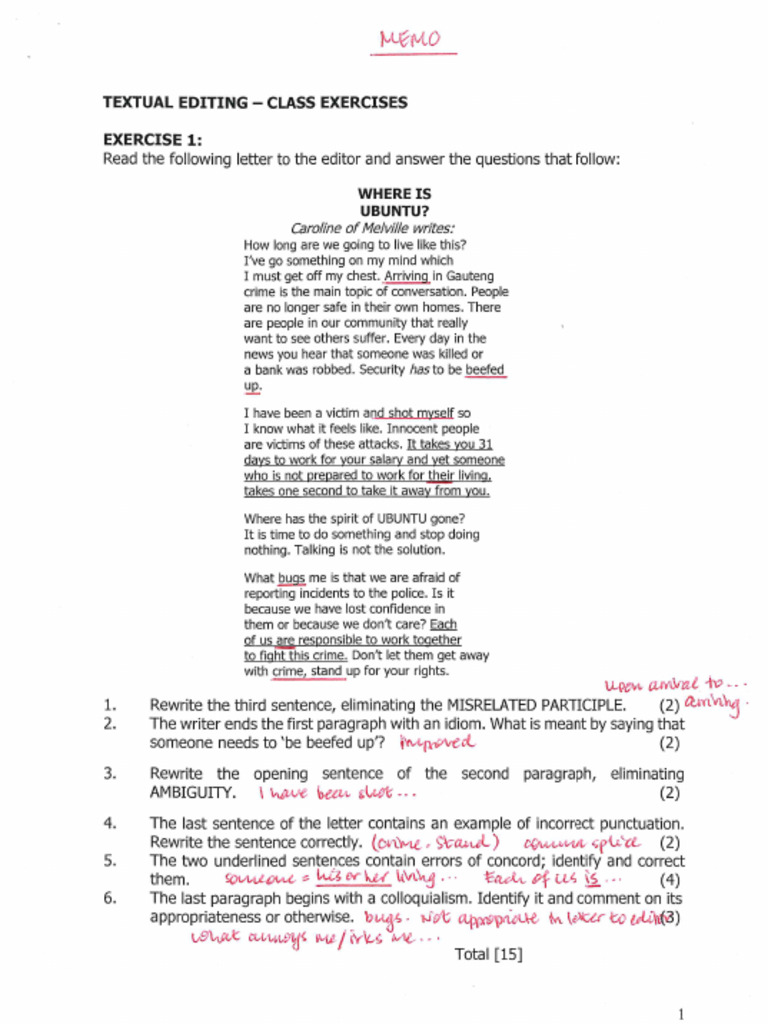 Textual Editing Exercises Memo | PDF