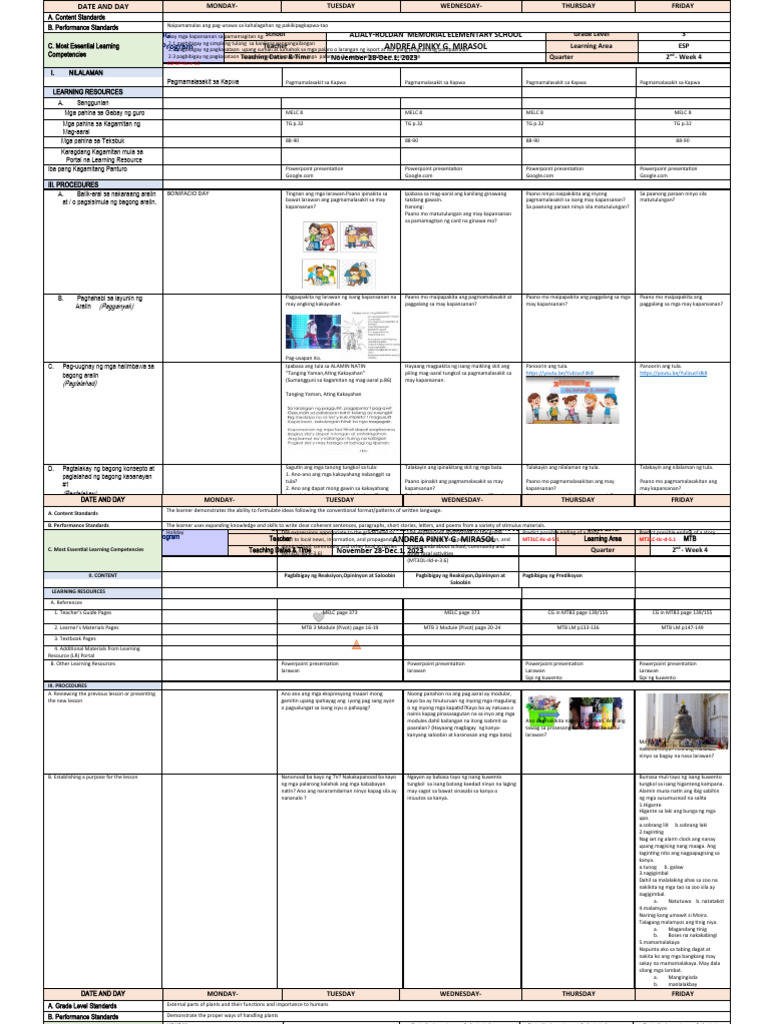 Daily Lesson Log K To 12 Basic Education Program Grades 1 To 12 | PDF