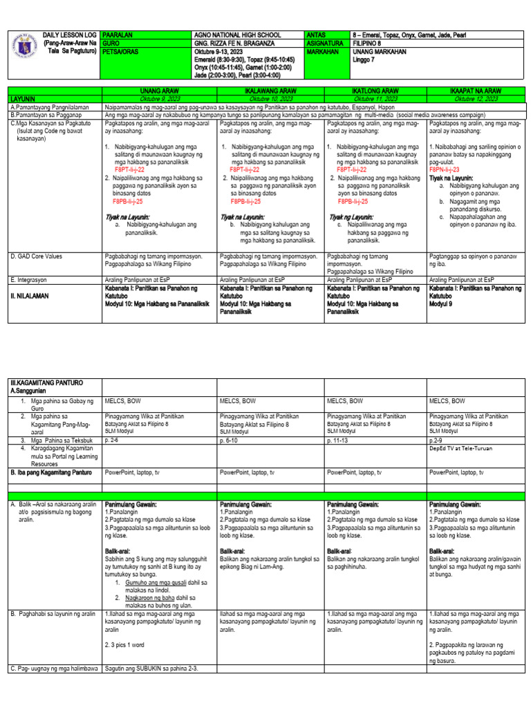 DLL - Filipino 8 - Q1 - W7-Mod10&9 | PDF