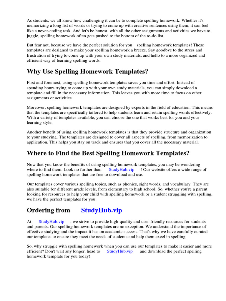 Spelling Homework Templates | PDF | Homework | Worksheet