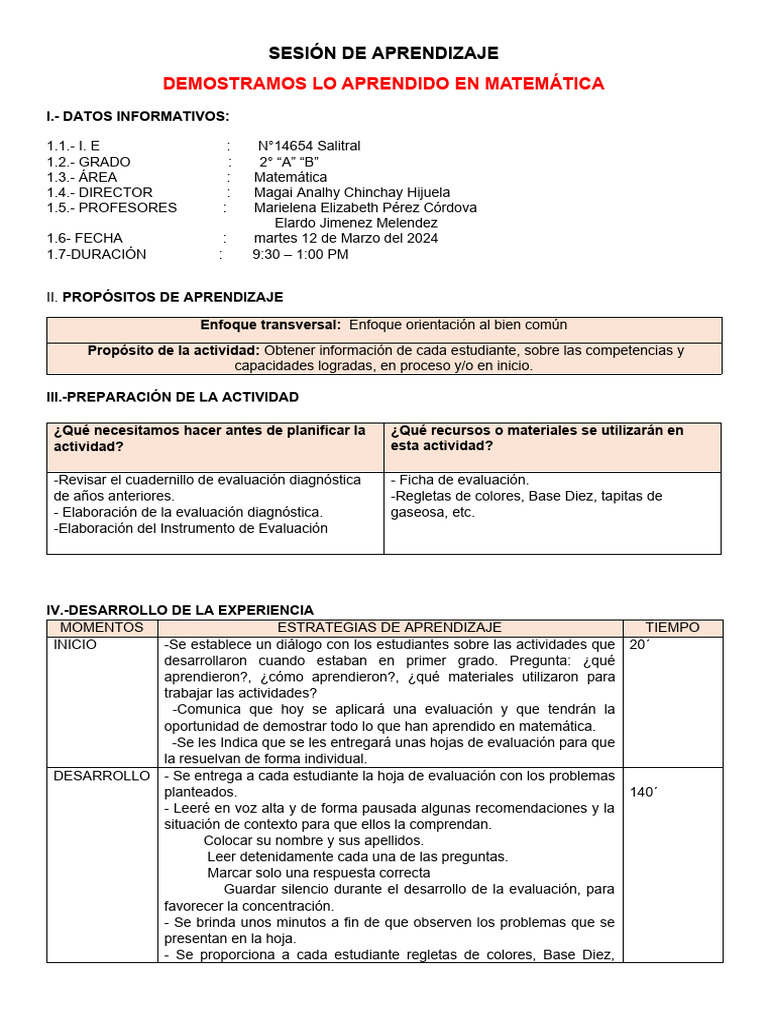Sesiòn Evaluación Diagnóstica | PDF | Evaluación | Aprendizaje