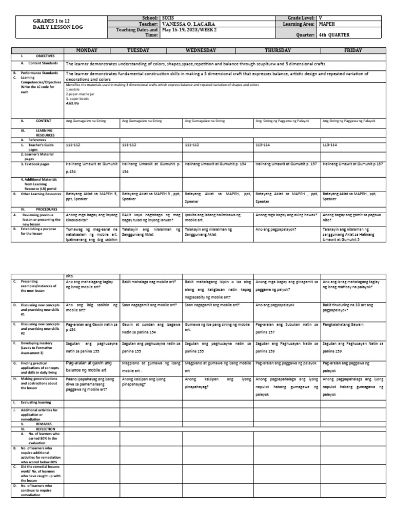 DLL Mapeh 5 Q4W3 | PDF