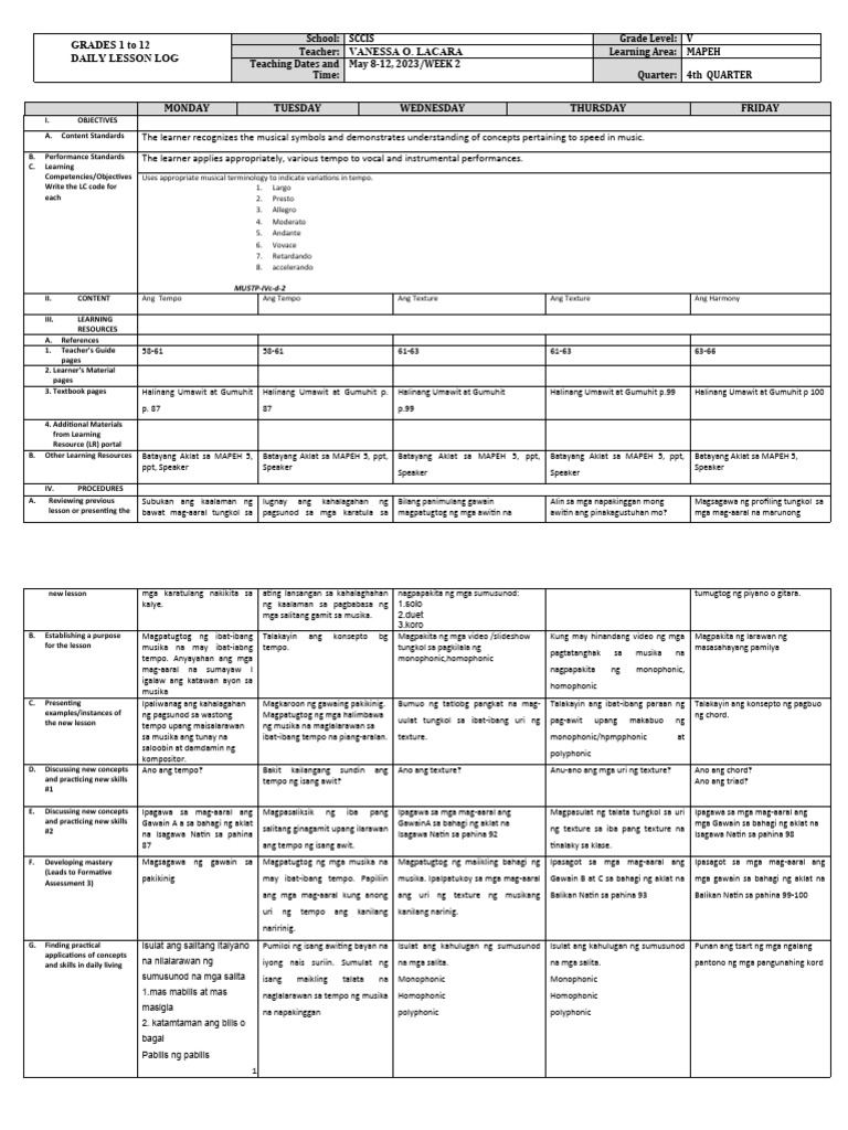 DLL Mapeh 5 Q4W2 | PDF