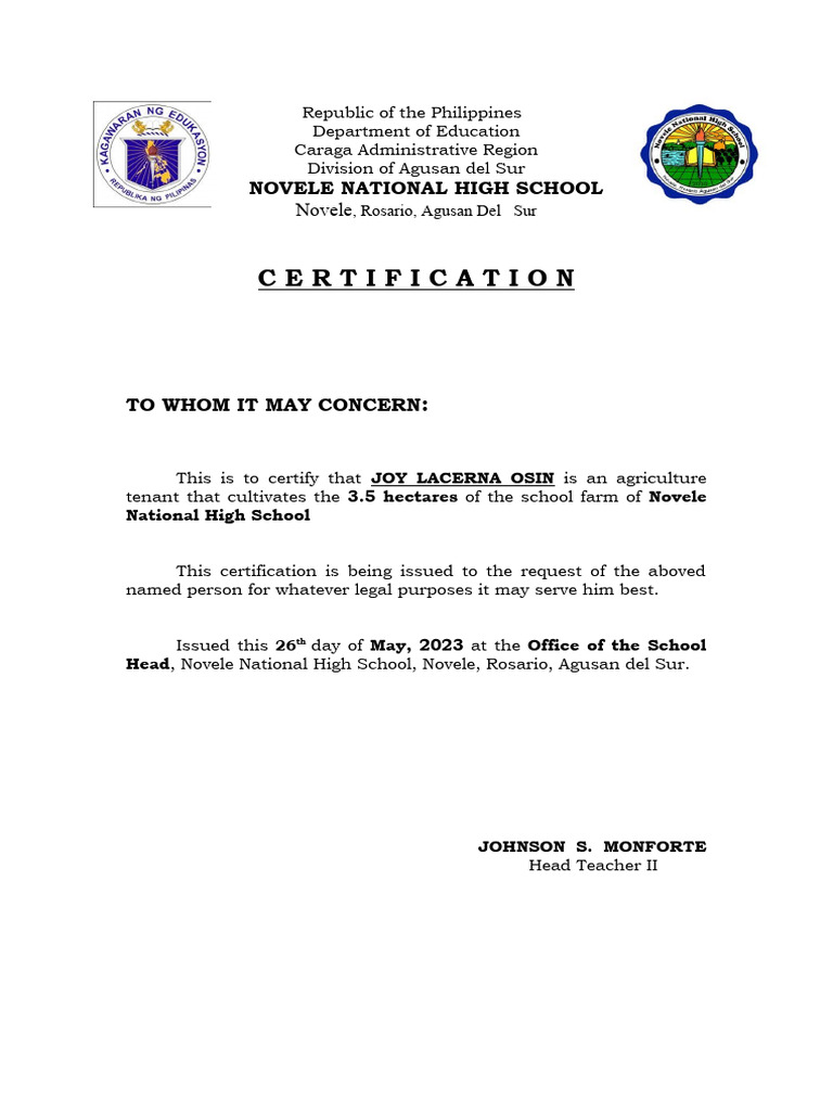 Certification of Agriculture Tenant | PDF