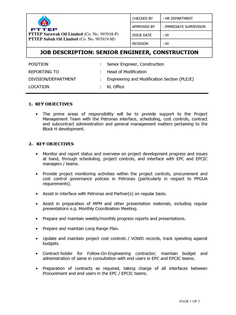 JD - Senior Engineer, Construction | PDF | Engineering | Business