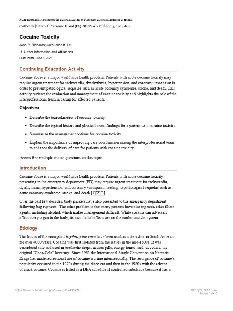 Toxicidad Por Cocaina Cocaine Toxicity Statpearls Ncbi Bookshelf 2023