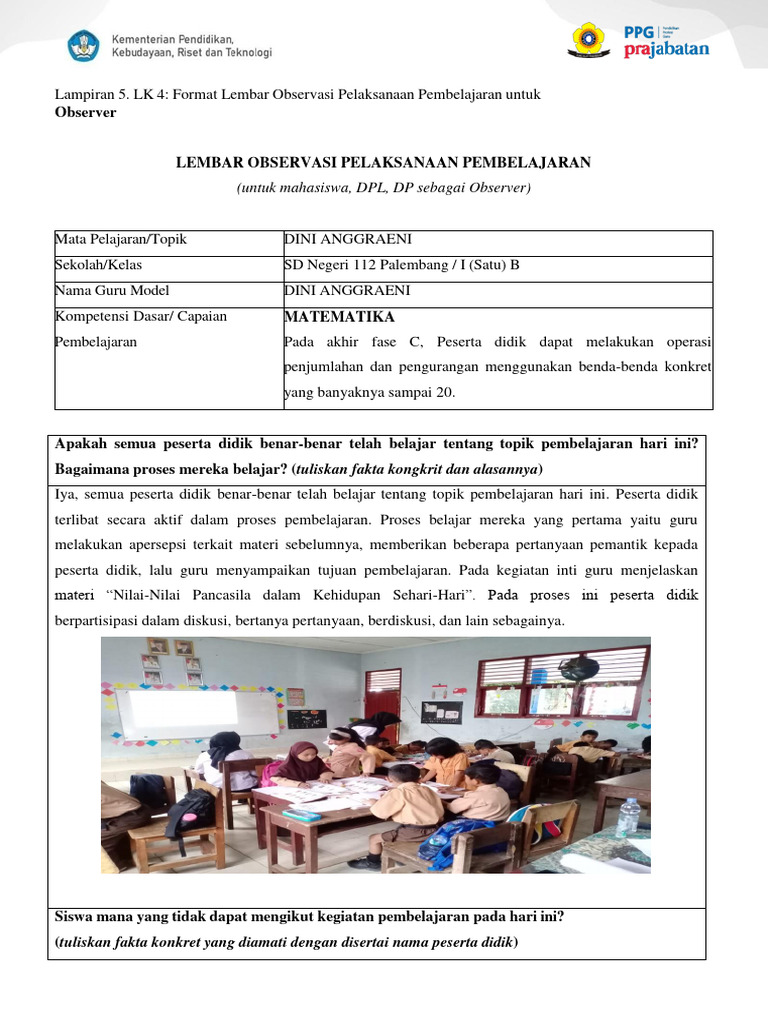 10 Dini Anggraeni - B4-10 Lembar Observasi Pembelajaran - Siklus 2 | PDF