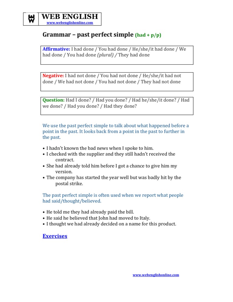 Grammar: Past Perfect Simple | PDF