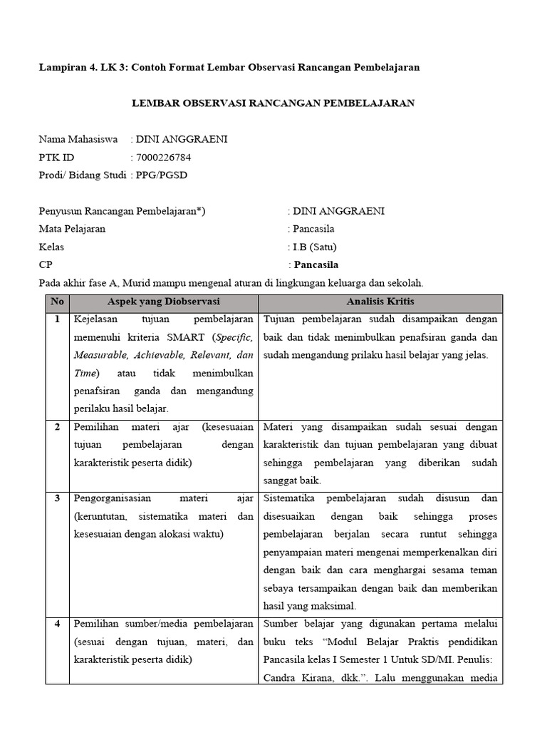 10 Dini Anggraeni - B5-13 Lembar Observasi Rancangan Dan Perangkat Pembelajaran - Siklus 3 | PDF