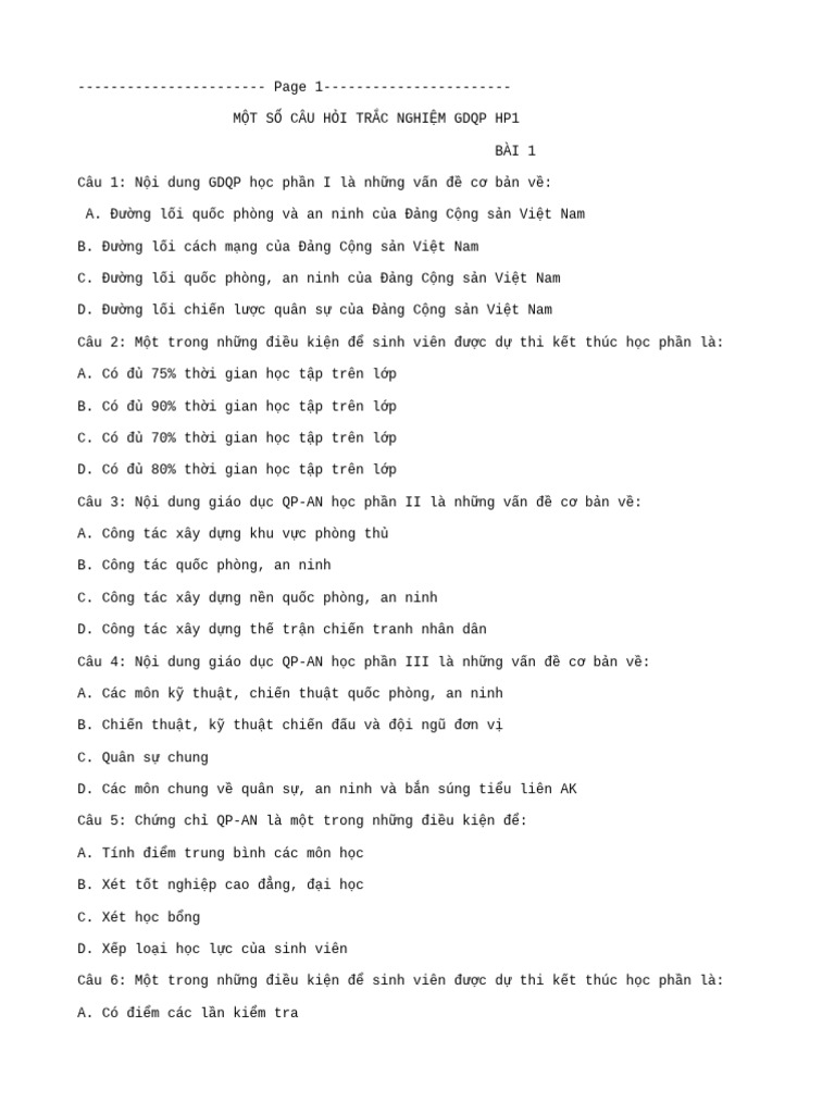 Trắc Nghiệm Gdqp Hp1 | PDF