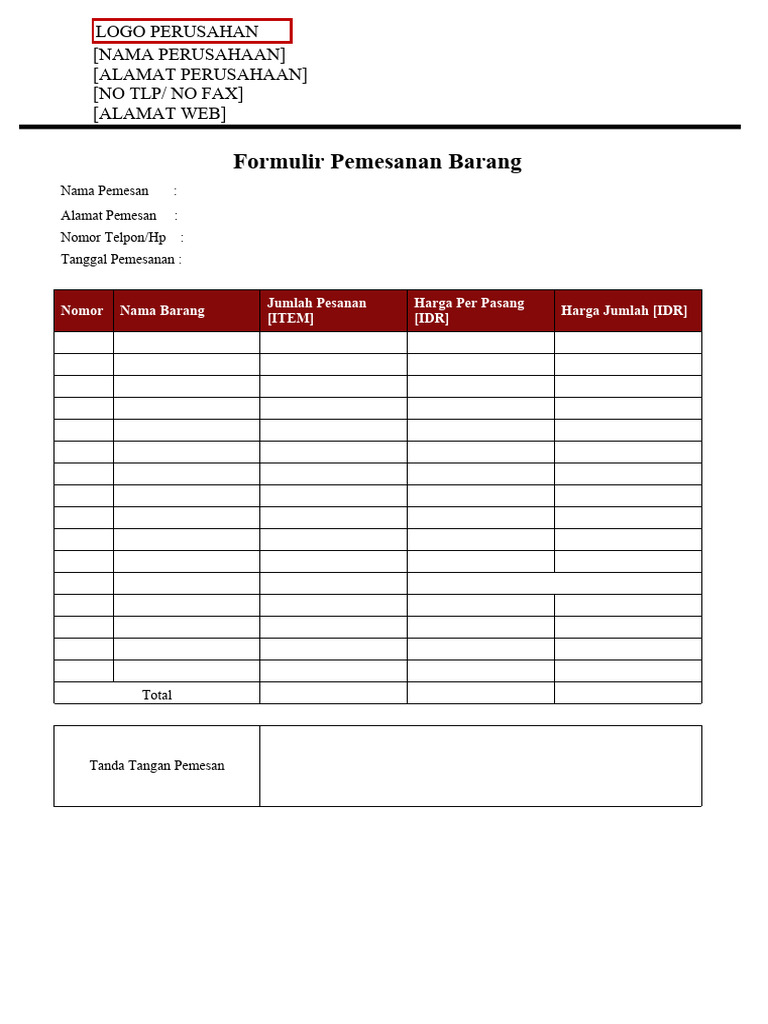 Formulir Pemesanan Barang | PDF