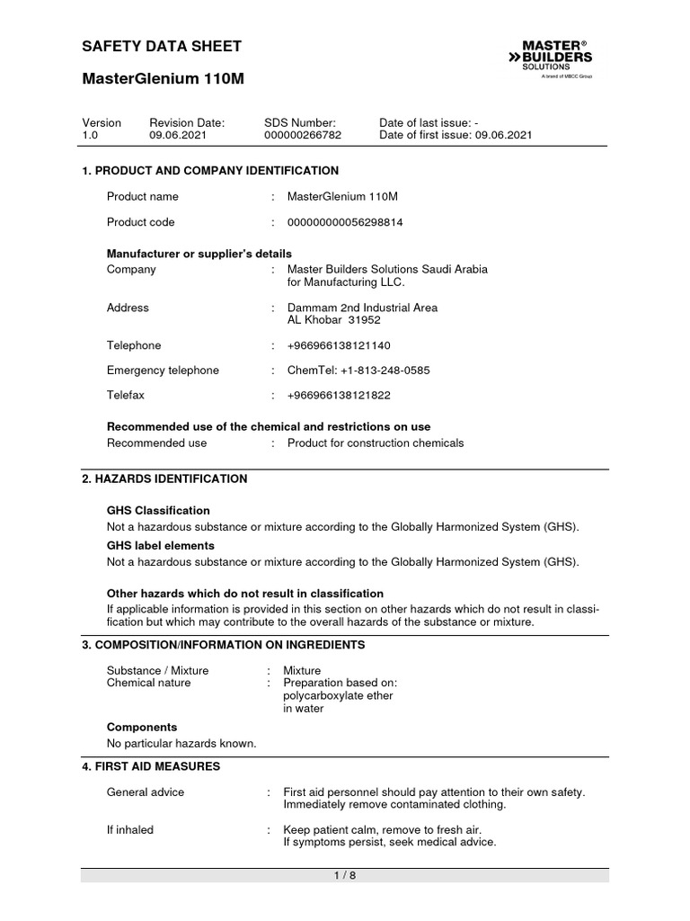 MasterGlenium 110M Safety Data Sheet | PDF | Safety | Chemistry