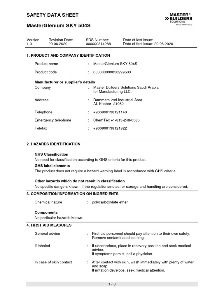 MasterGlenium SKY 504S Safety Data Sheet | PDF | Firefighting ...