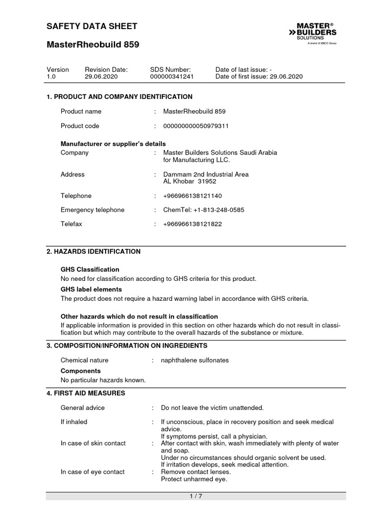 MasterRheobuild 859 Safety Data Sheet | PDF | Firefighting | Dangerous Goods