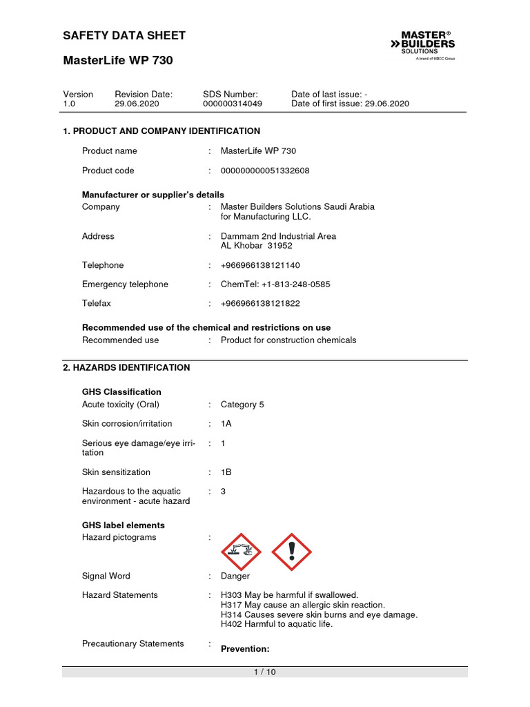 MasterLife WP 730 Safety Data Sheet | PDF | Working Conditions | Safety