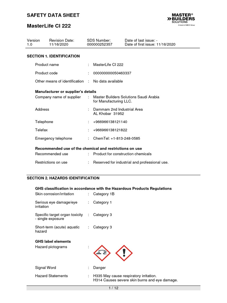 MasterLife CI 222 Safety Data Sheet | PDF | Workplace | Working Conditions