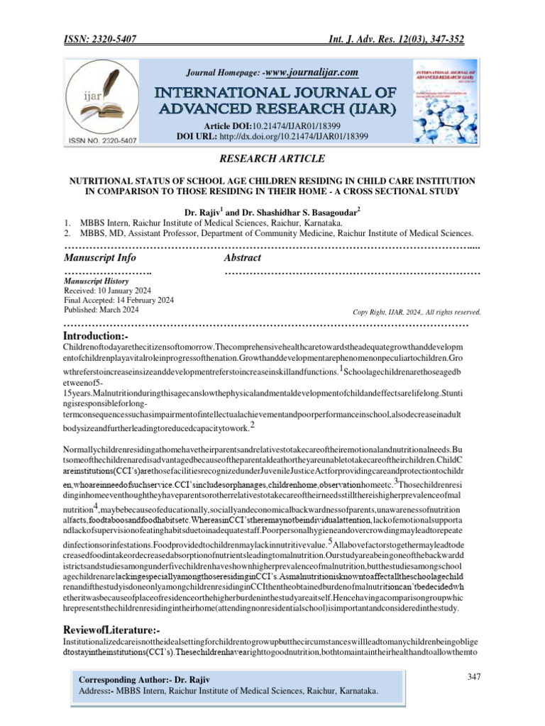 Nutritional Status of School Age Children Residing in Child Care ...