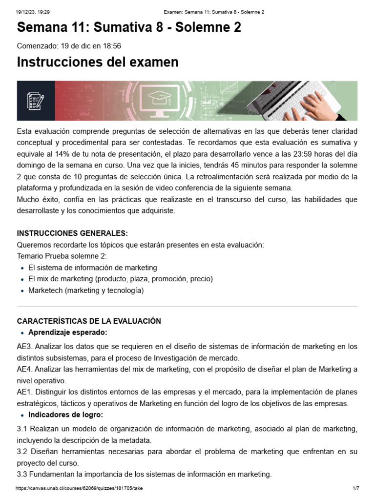 Examen - Semana 11 - Sumativa 8 - Solemne 2 (MARKETING UNAB) | PDF | Marketing | Evaluación
