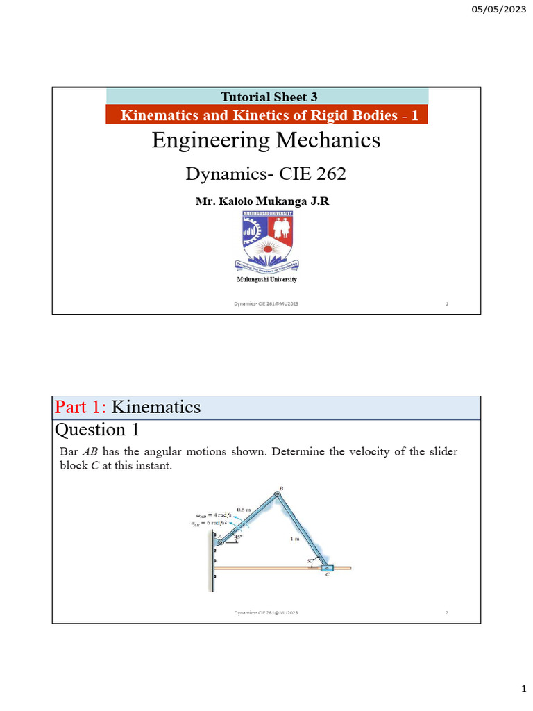Dynamics Tutorial Sheet 3: Kinematics & Kinetics | PDF | Classical ...