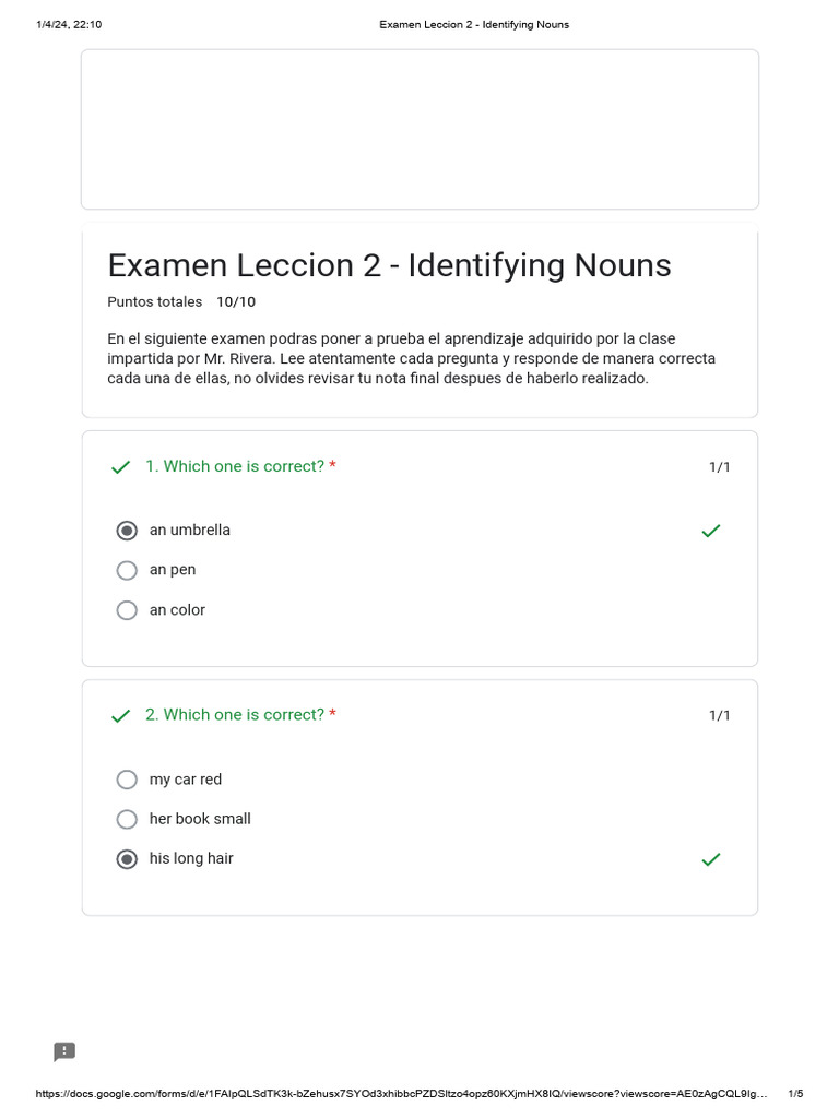 Examen Leccion 2 - Identifying Nouns | PDF