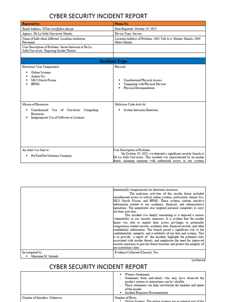 Insider Threat Incident Report DLSU | PDF | Security | Computer Security