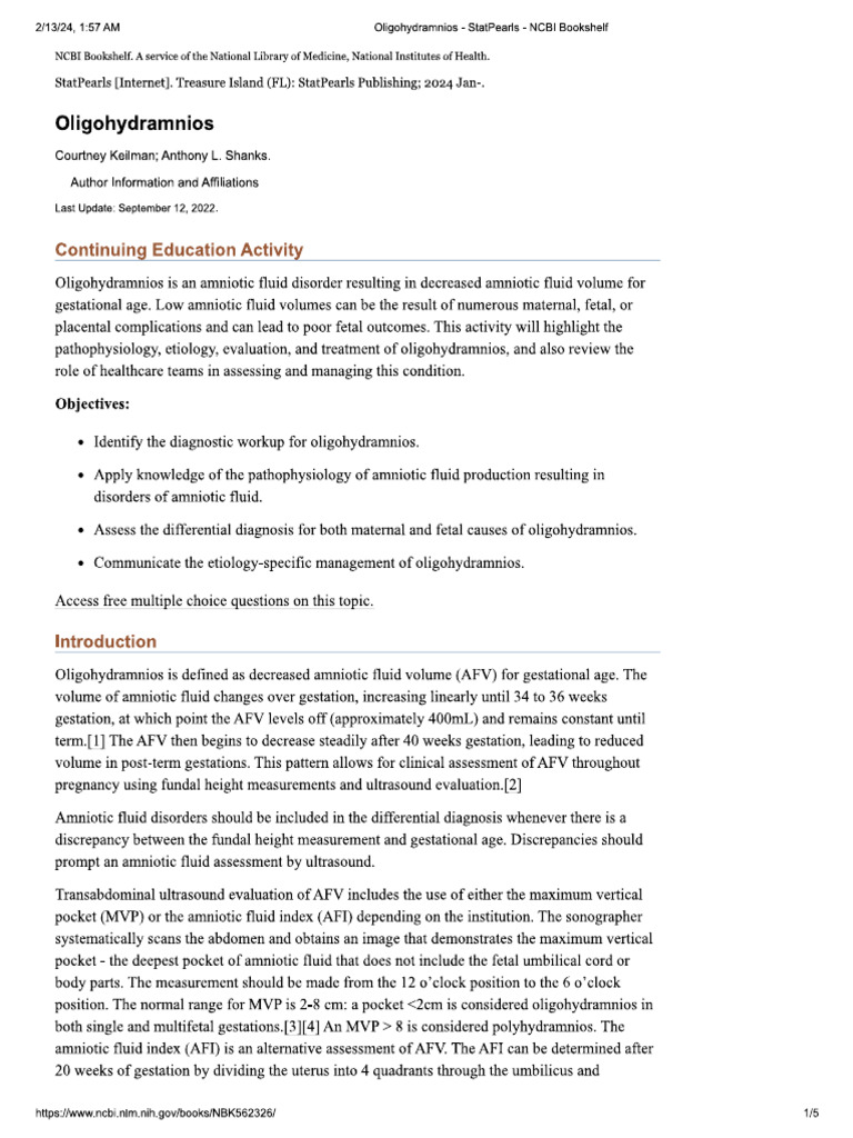 Oligohydramnios | PDF