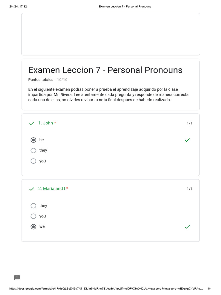 Examen de Pronombres Personales | PDF