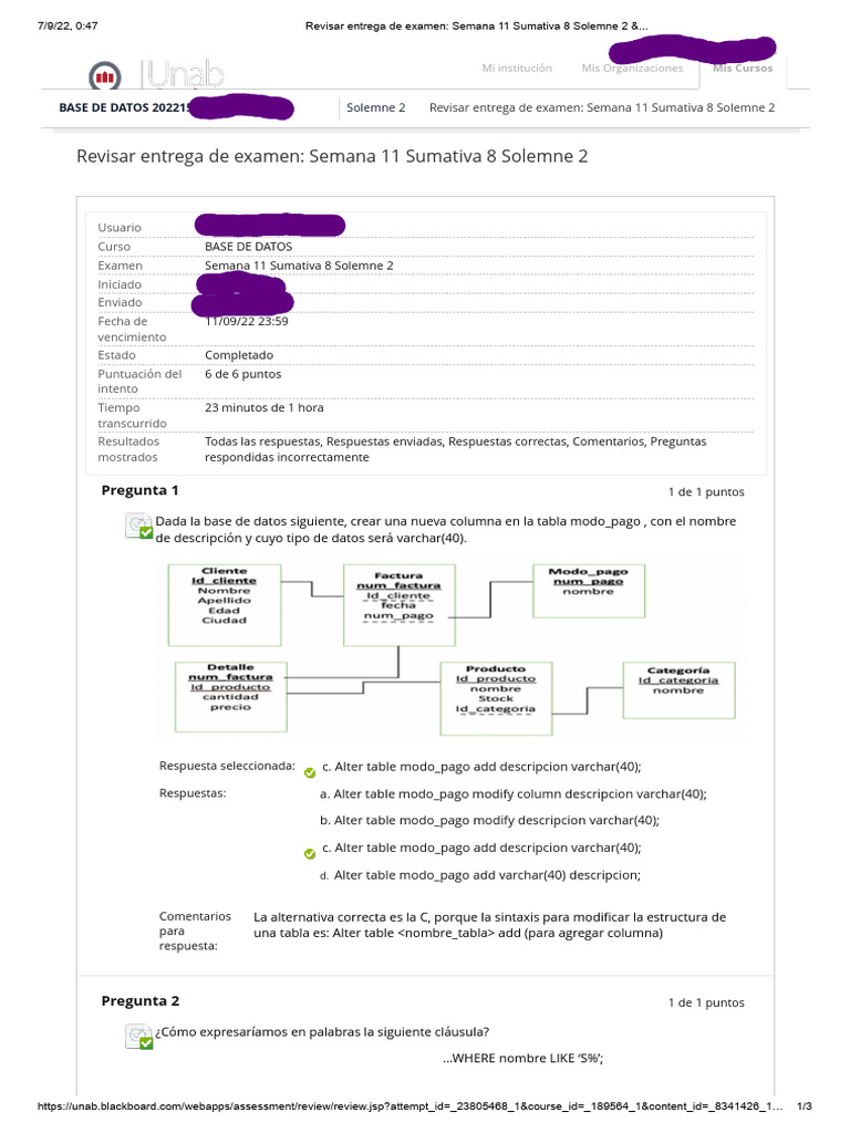 Revisar Entrega de Examen - Semana 11 Sumativa 8 Solemne 2 BASE DATOS | PDF | SQL | Informática