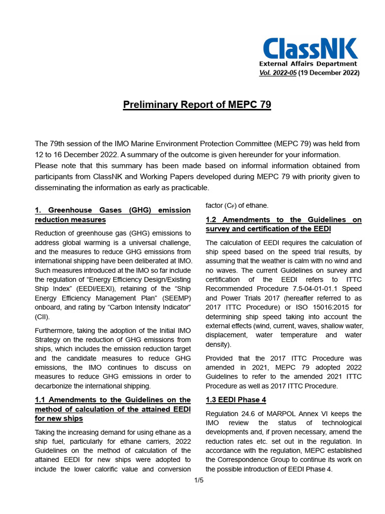 MEPC 79 - Preliminary Report (ClassNK) | PDF | Climate Change | Environmental Issues