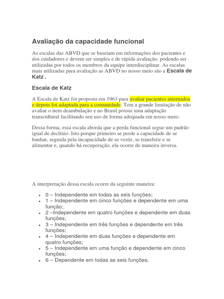 Escala de Katz Abvd | PDF | Bem-estar