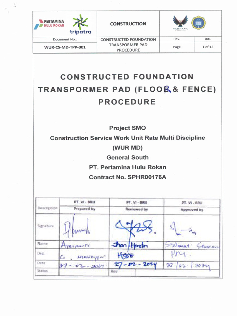 SOP Construction Foundation Transpormer Pad (Floor & Fence) Procedure | PDF