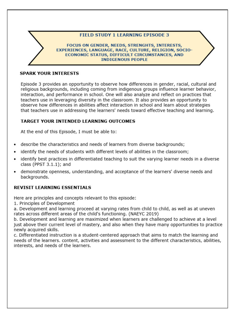 FS 1 Episode 3 Focus On Gender Needs Strengths Autosaved DONE | PDF | Learning | Differentiated ...