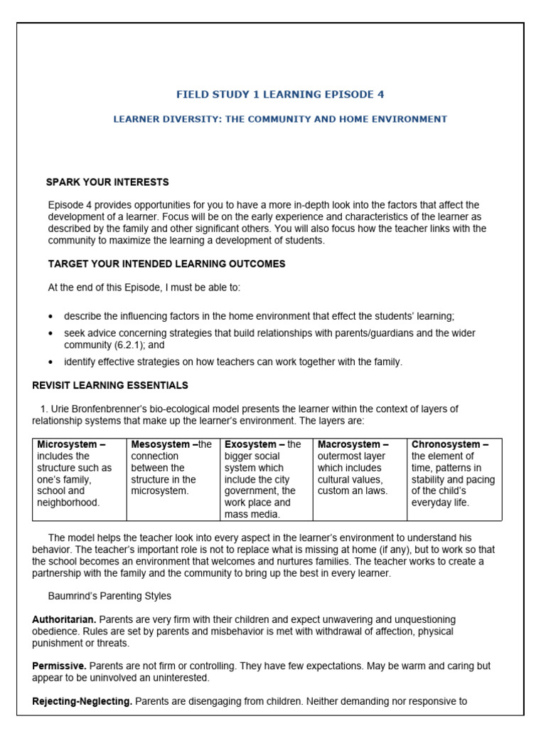 FS 1 Episode 4 Learner Diversity The Community and Home Environment | PDF | Learning | Parenting