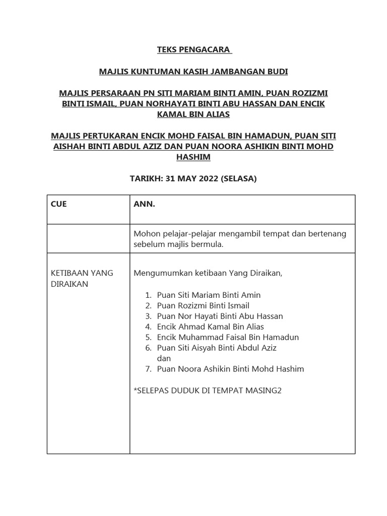 TEKS PENGACARA Majlis Persaraan 31 May | PDF