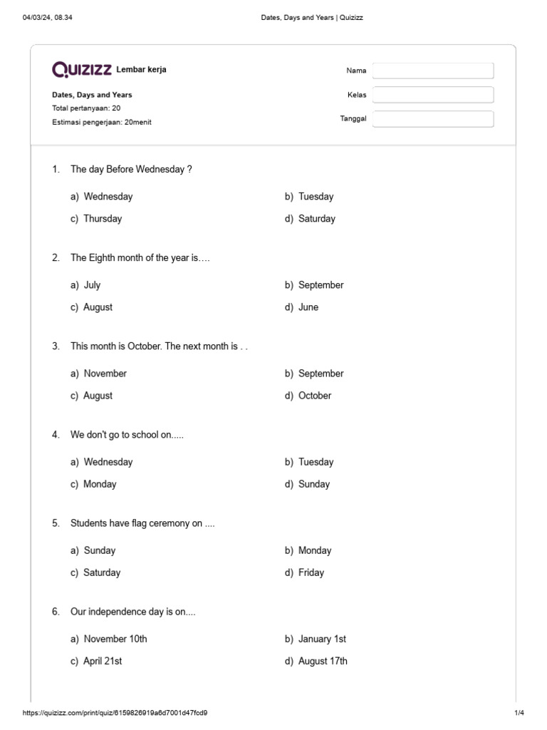 Dates and Days Quiz for Students | PDF