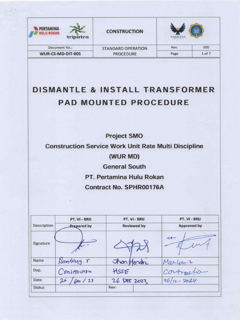 Sop Dismantle & Instal Transformer Pad Mounted Procedure | PDF