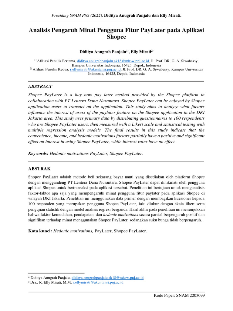 Analisis Pengaruh Minat Pengguna Fitur Paylater Pada Aplikasi Shopee | PDF | Komputer