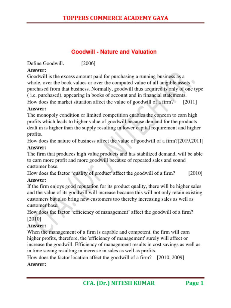 Pyq CH 2-Goodwill | PDF | Goodwill (Accounting) | Valuation (Finance)